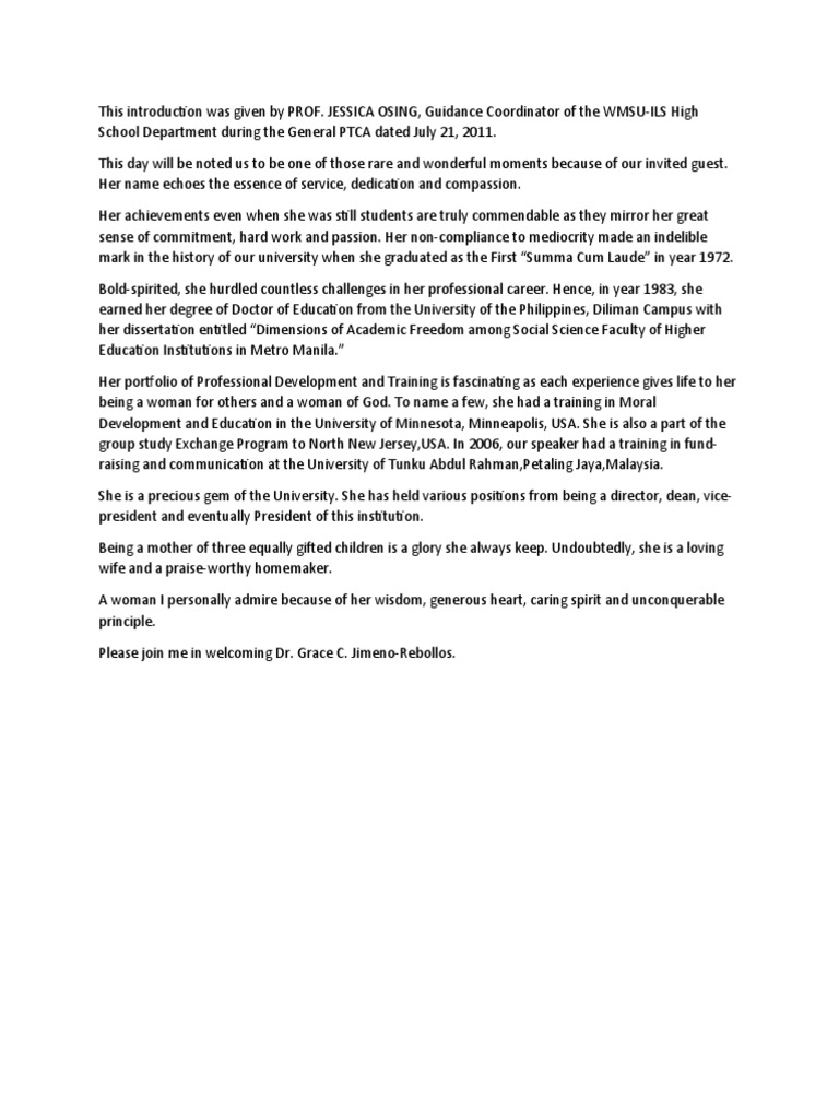 Sample of Introduction For Guest Speaker | PDF | Wellness