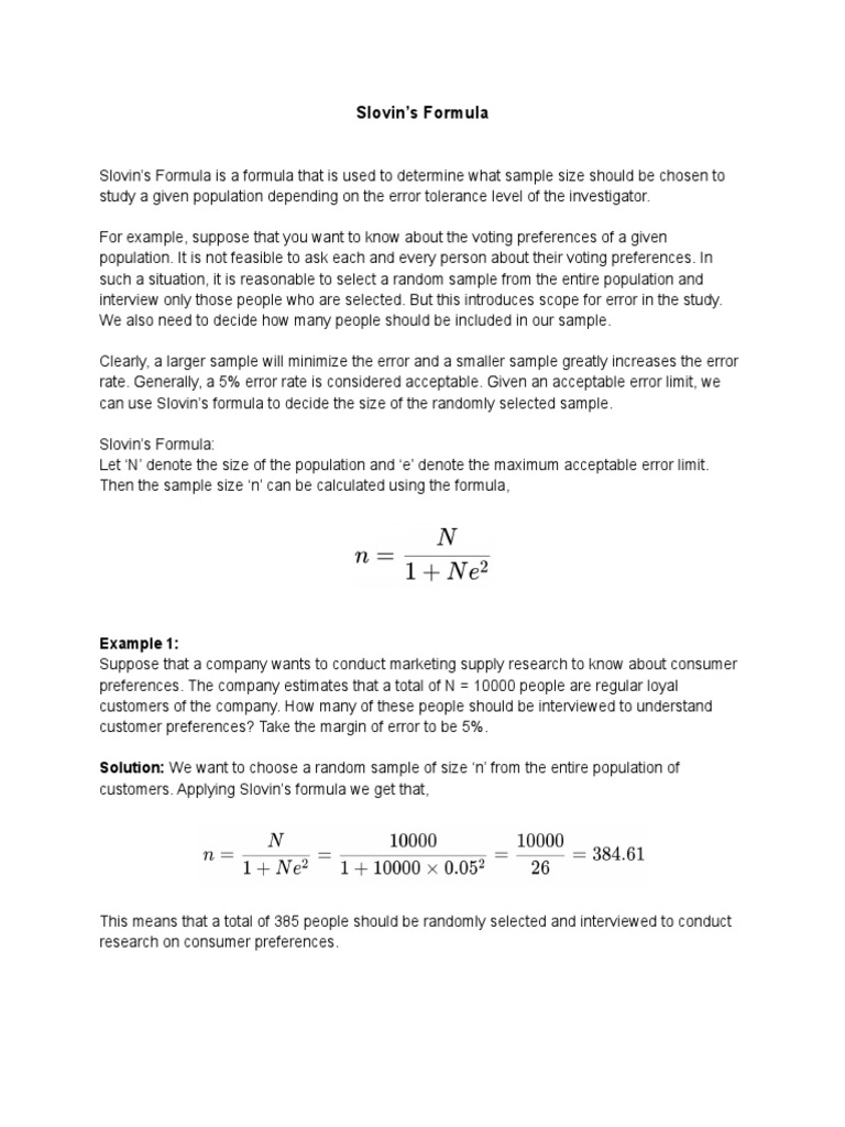Using Slovin's Formula for Sample Size | PDF | Career & Growth | Self ...