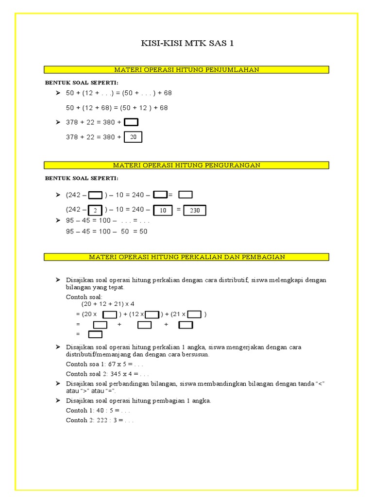 Kisi-Kisi MTK Sas 1 | PDF