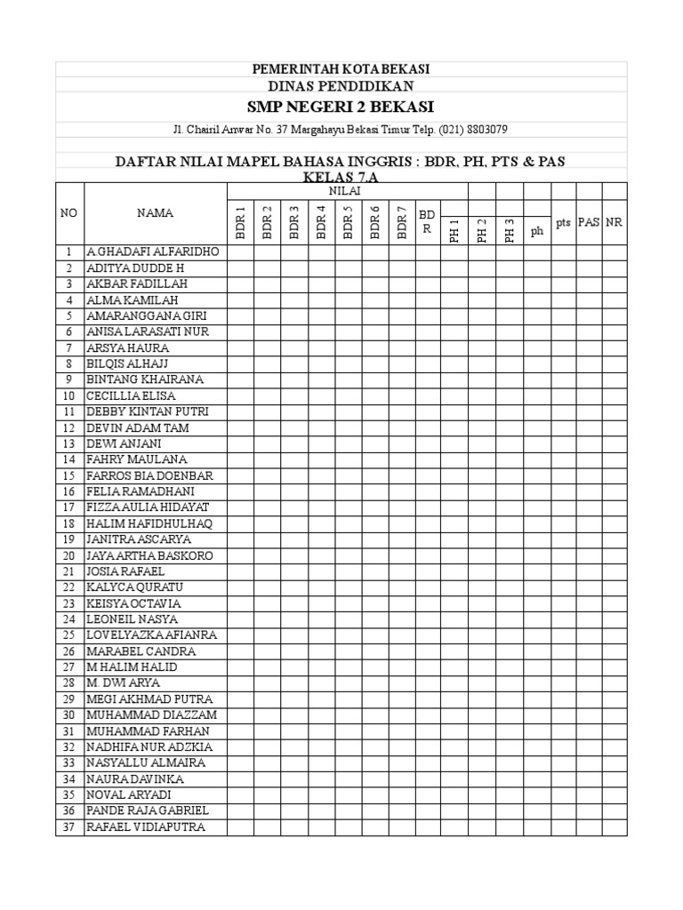Absen Siswa Kelas 7 Mapel Matematika | PDF
