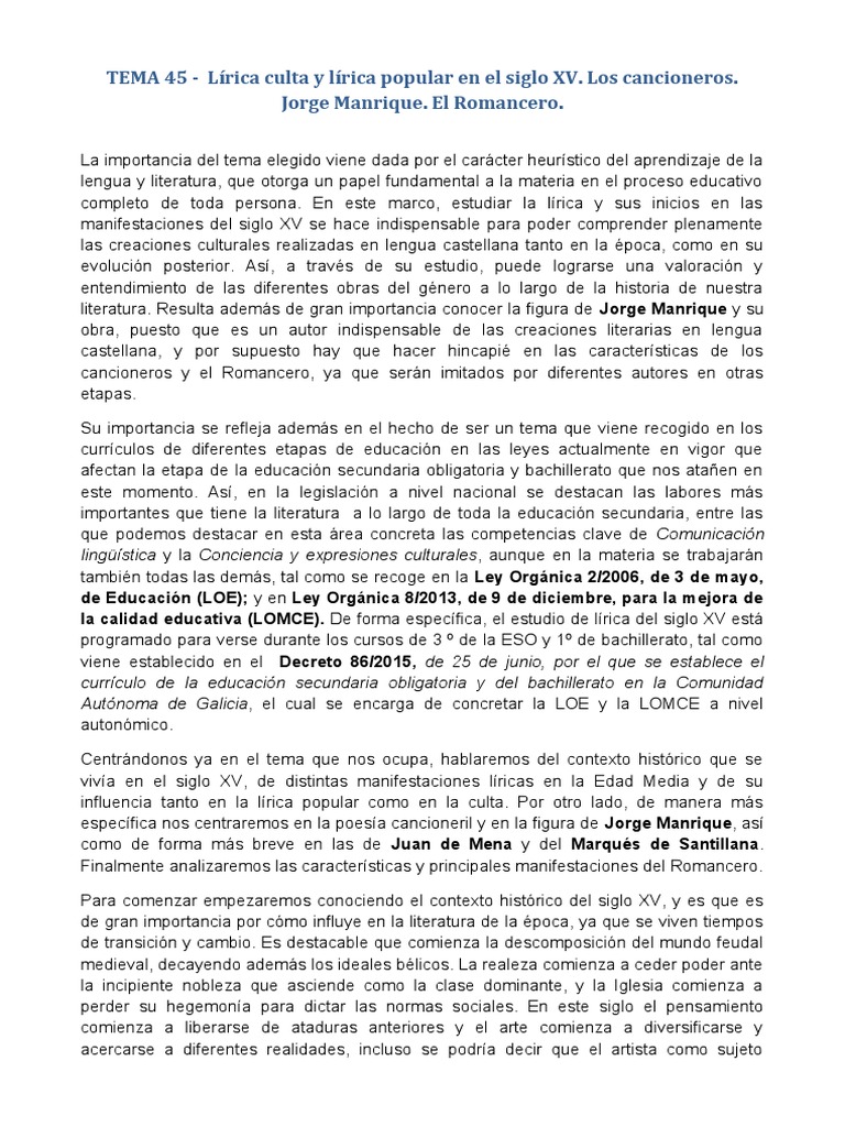 TEMA 45 - Lírica Culta y Lírica Popular en El Siglo XV. Los Cancioneros ...