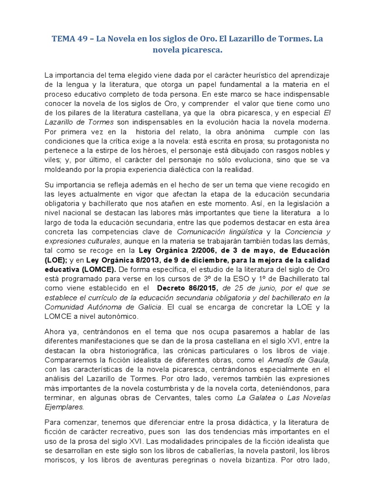 TEMA 49 - La Novela en Los Siglos de Oro. El Lazarillo de Tormes. La ...