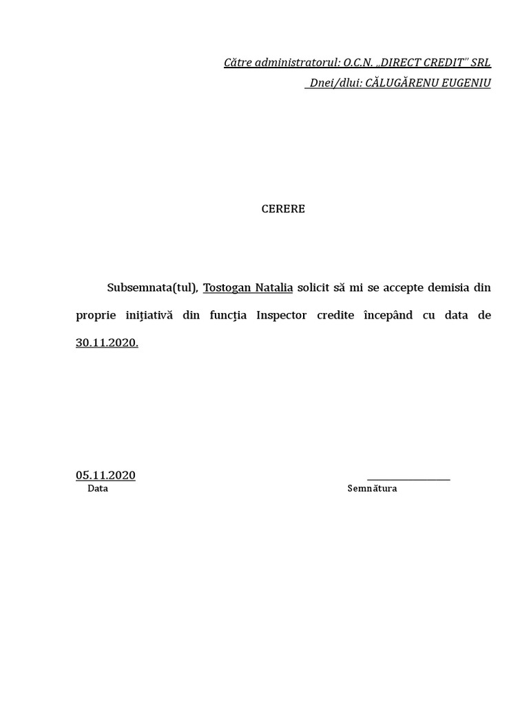 Exemplu Cerere de Demisie Din Cont Propriu | PDF
