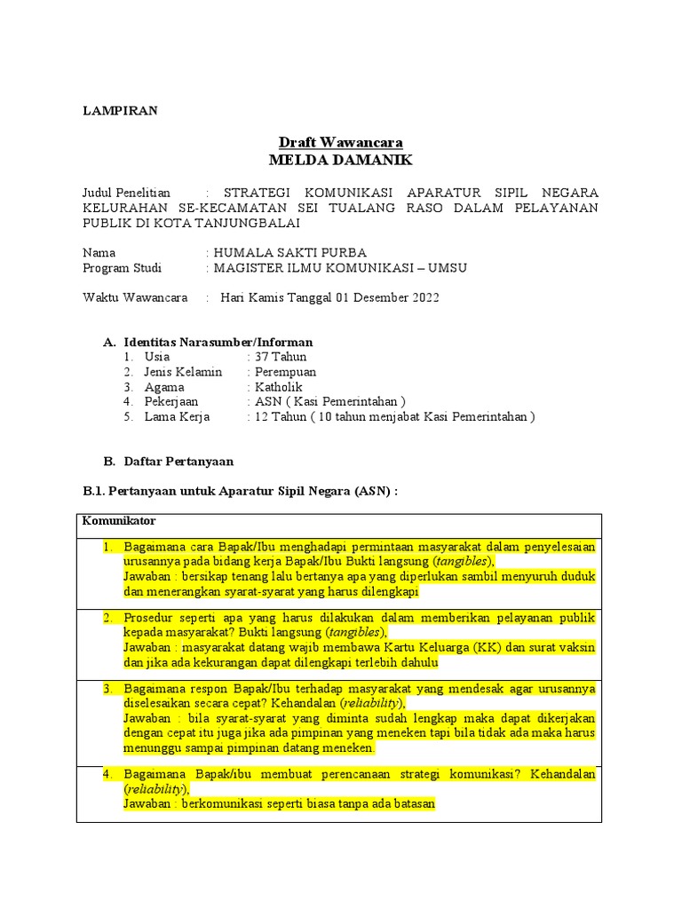 Draft Wawancara Melda Damanik: Lampiran | PDF