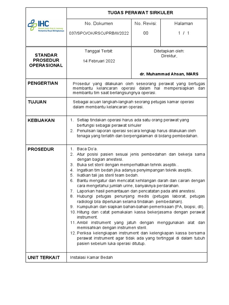 Tugas Perawat Sirkuler: No. Dokumen No. Revisi: 00 Halaman 1 / 1 | PDF