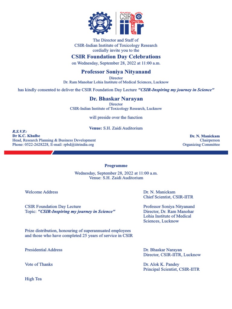CSIR Foundation Day 2022-CSIR-IITR Invite | PDF