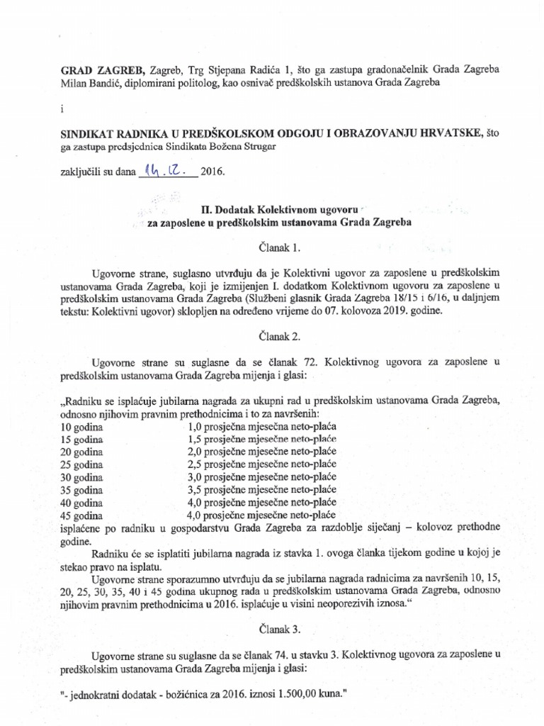 II. Dodatak Kolektivnom Ugovoru | PDF