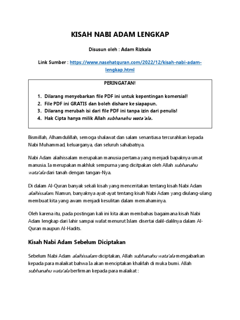 Kisah Nabi Adam Lengkap Dari Lahir Sampai Wafat PDF | PDF