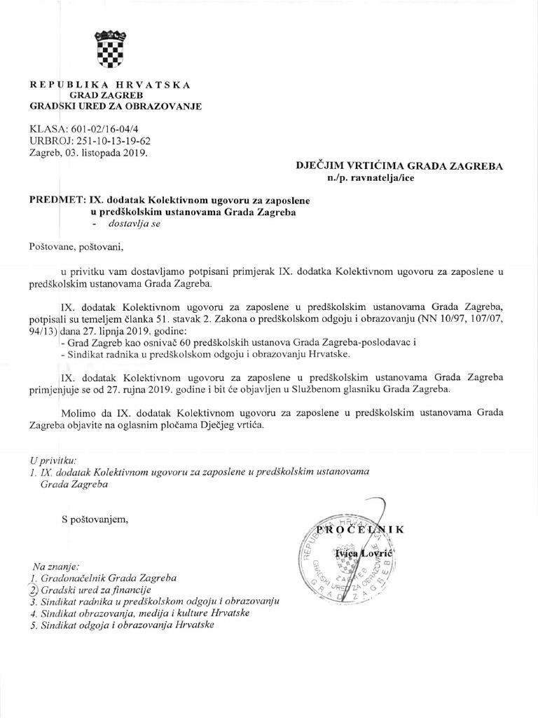 IX. Dodatak Kolektivnom Ugovoru Za Zaposlene U Predškolskim Ustanovama Grada Zagreba | PDF