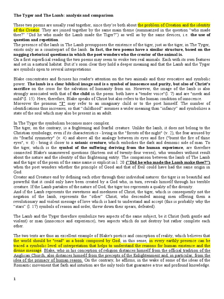 BLAKE - The Tyger and The Lamb Analyses | PDF | William Blake | Reason