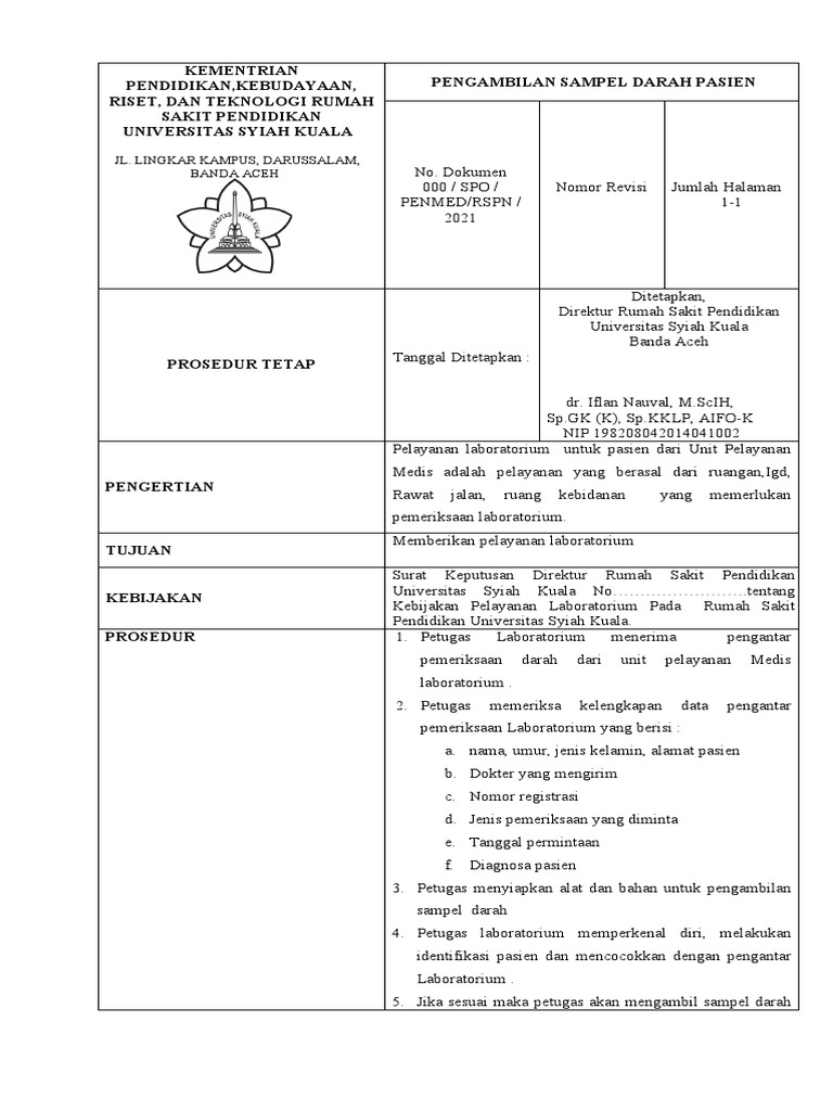 Sop Pengambilan Sampel Darah | PDF