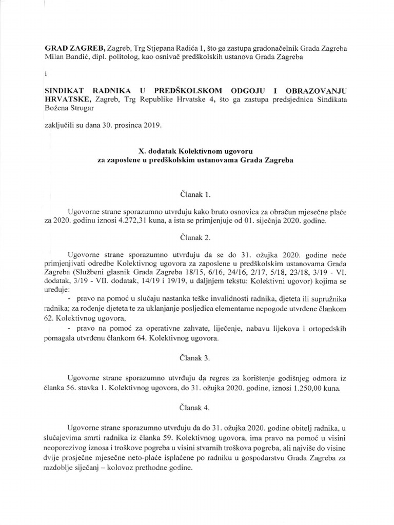 X. Dodatak Kolektivnom Ugovoru Za Zaposlene U Predškoksim Ustanovama Grada Zagreba | PDF