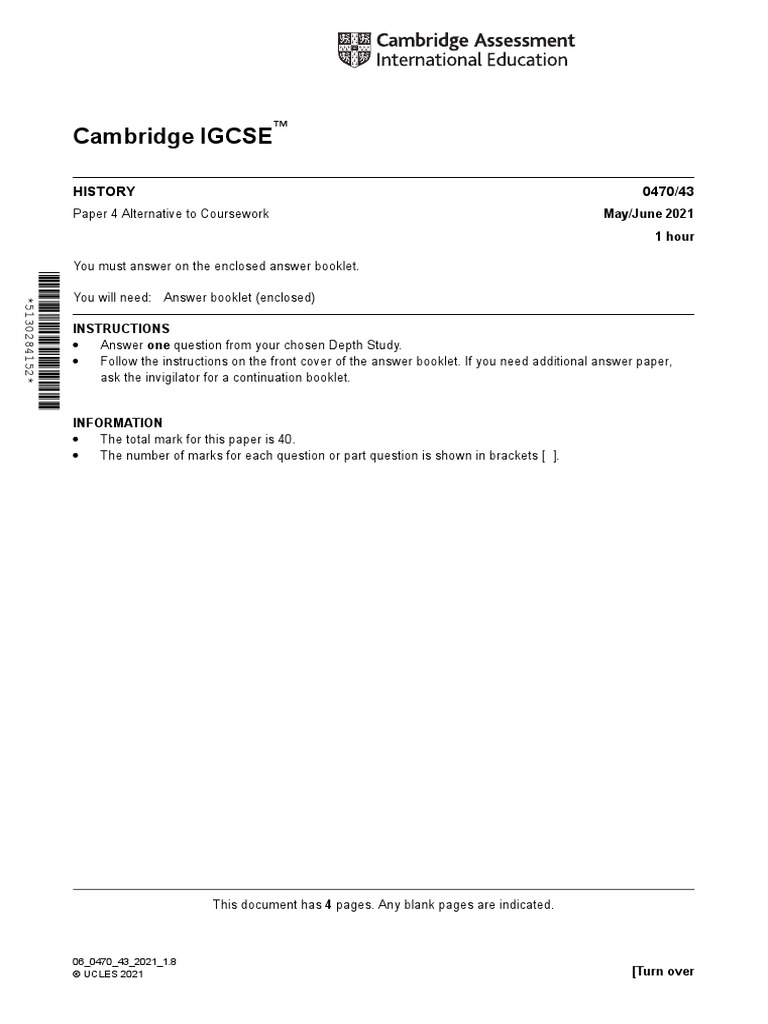 Cambridge IGCSE: 0470/43 History | PDF | International Relations