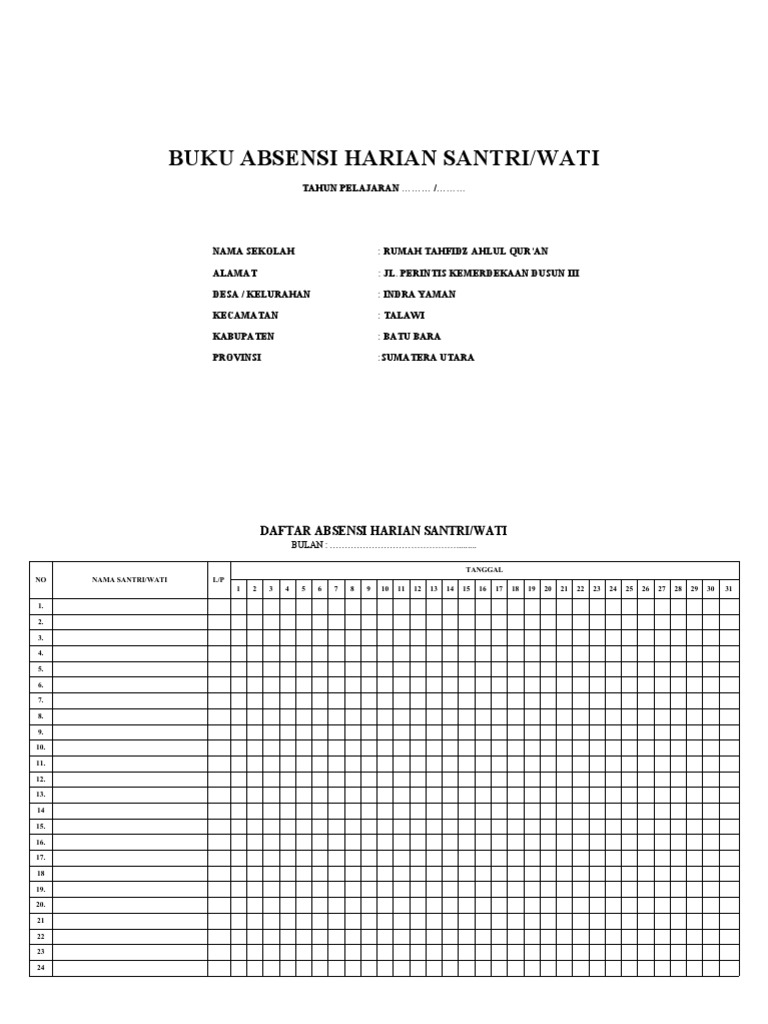 Buku Absensi Harian Santri | PDF