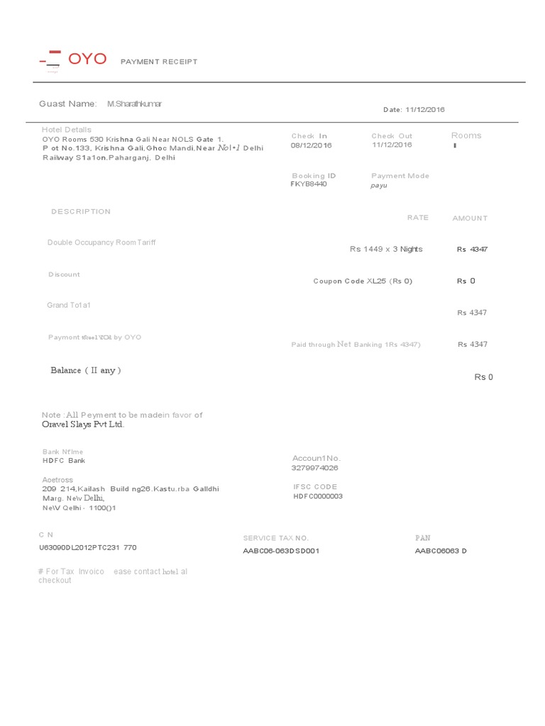 Detailed Payment Receipt for a Three Night Stay at an OYO Hotel in New ...
