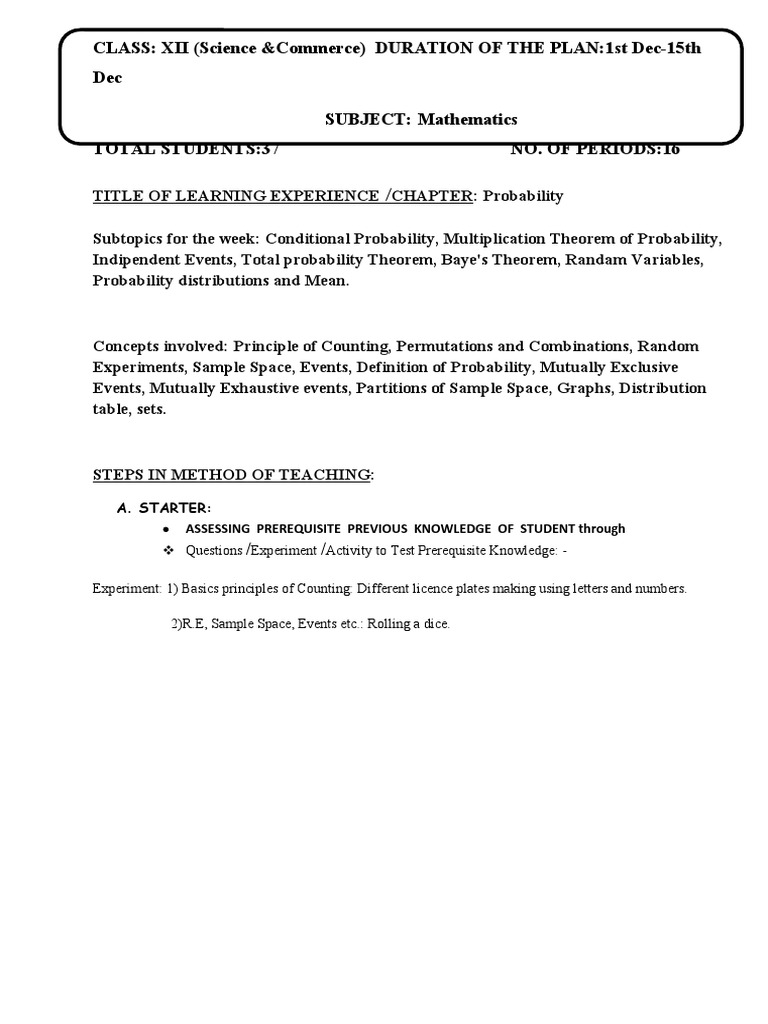 LESSON PLAN Probability | PDF | Educational Assessment | Teaching Method