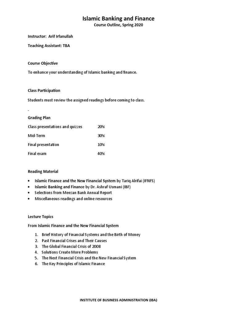 Islamic Finance Course Outline Arif Irfanullah Spring 2020 | PDF ...