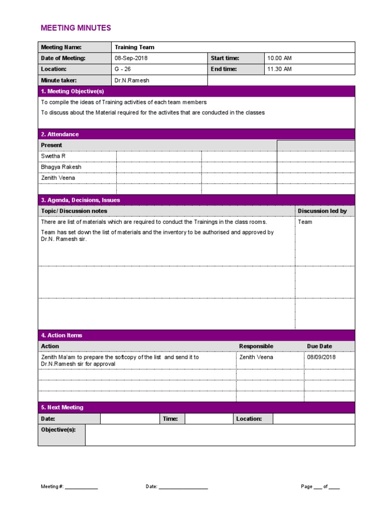 Training Team Meeting Minutes - Sep 2018 | PDF | Business | Computers