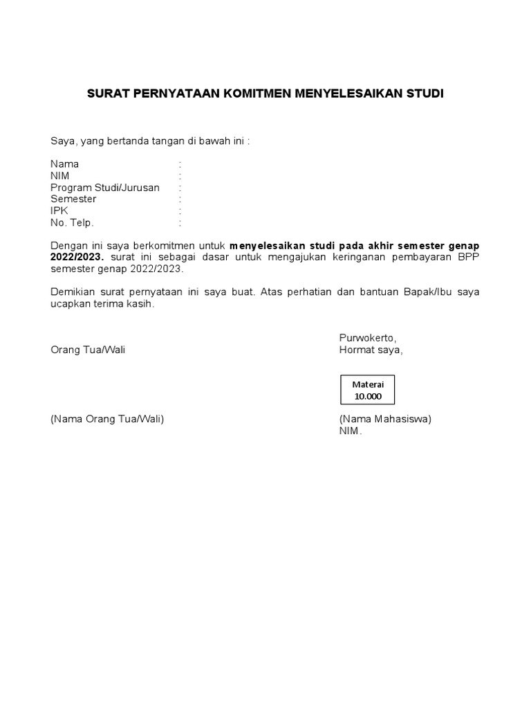 Contoh Surat Komitmen Menyelesaikan Studi | PDF