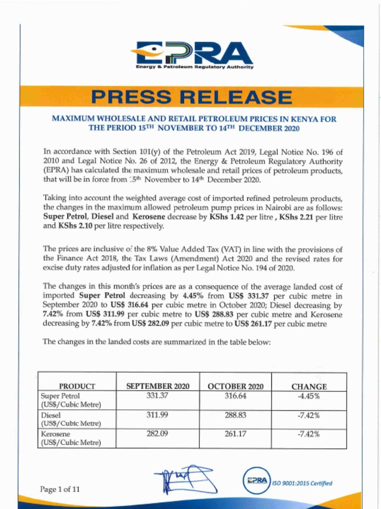Maximum Wholesale and Retail Petroleum Prices in Kenya For The Period ...