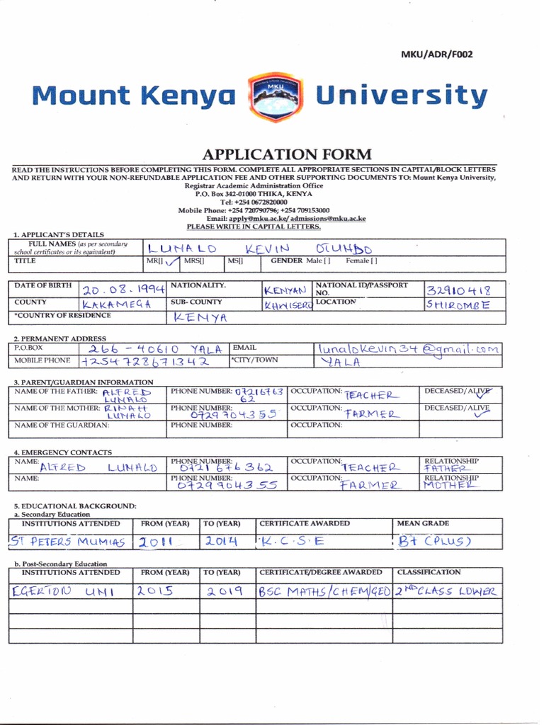 Mount Kenya University Application Form | PDF