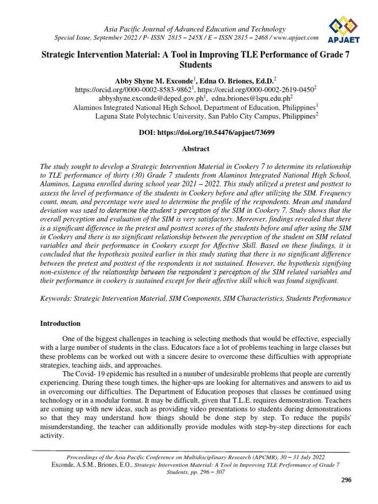 Strategic Intervention Material A Tool in Improving TLE Performance of Grade 7 Students | PDF ...