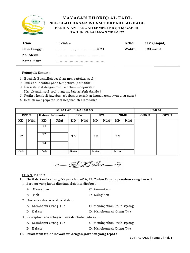 Soal Pts Tema 2 Kls 4 | PDF | Kajian Bahasa Asing