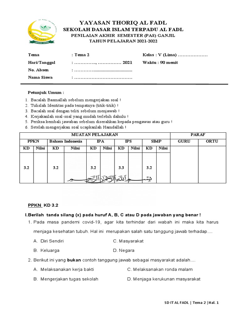 Contoh SOal PAS Ganjil Kls 5 | PDF