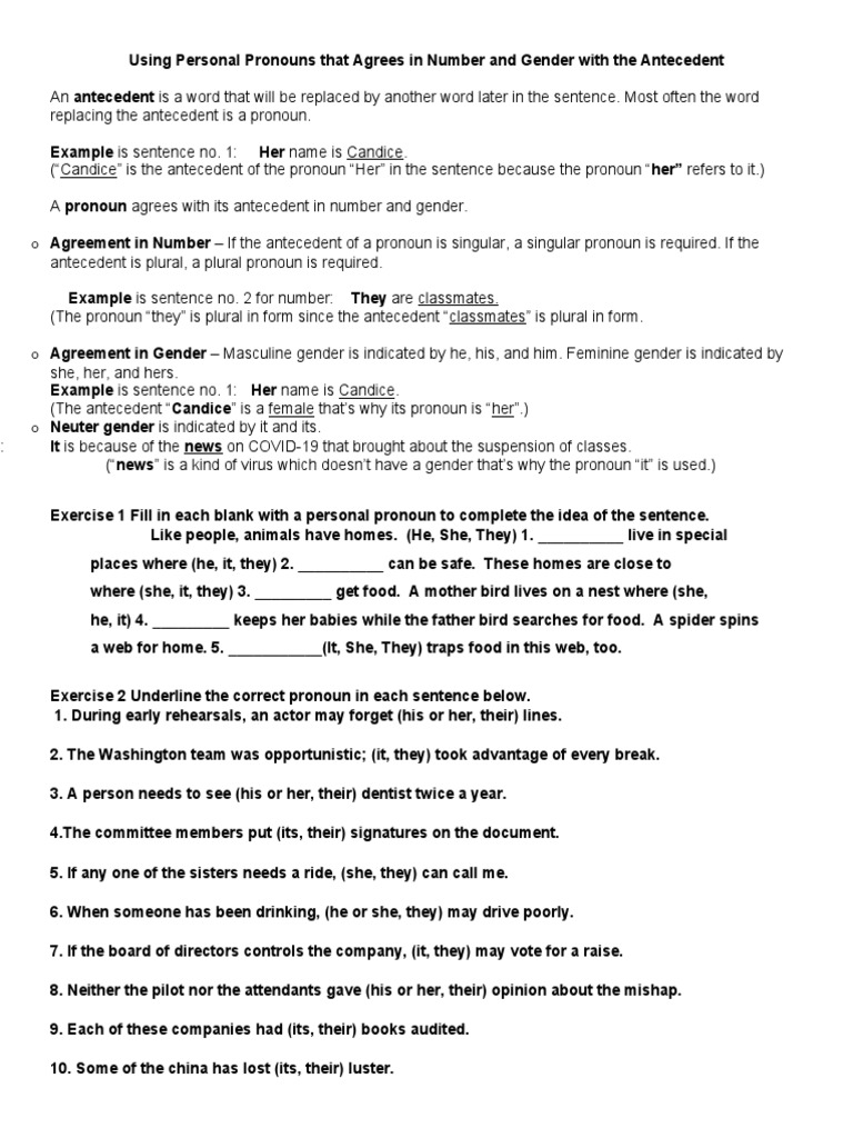 Using Personal Pronouns That Agrees in Number and Gender With The ...
