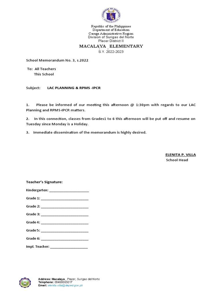 SCHOOL MEMO NO. 2, s. 2022- LAC Planning & RPMS-IPCR | PDF