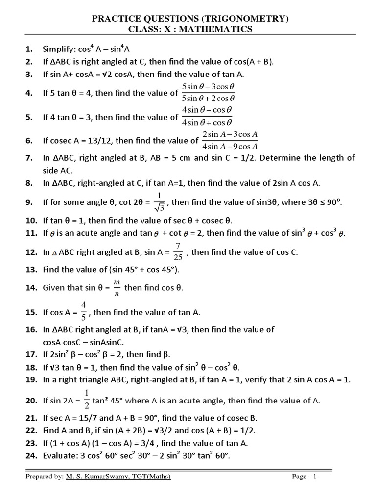 Practice Questions Trigonometry Class X | PDF | Trigonometric Functions | Special Functions