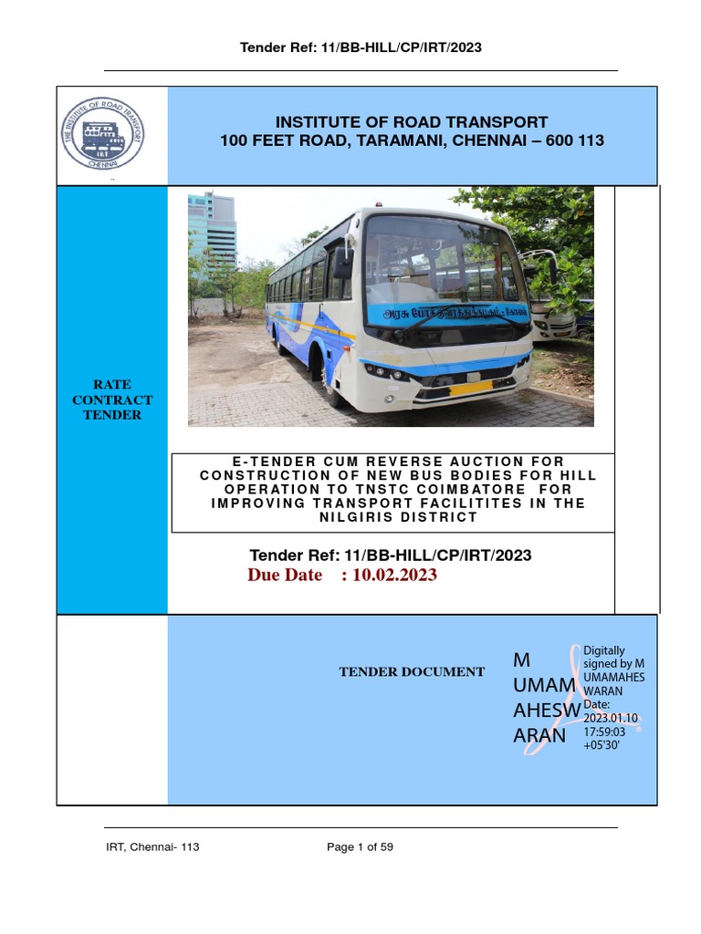 TN Bus Tender India 2022 - TD Irt209046 Nit 16 BB Tender Document Hill ...