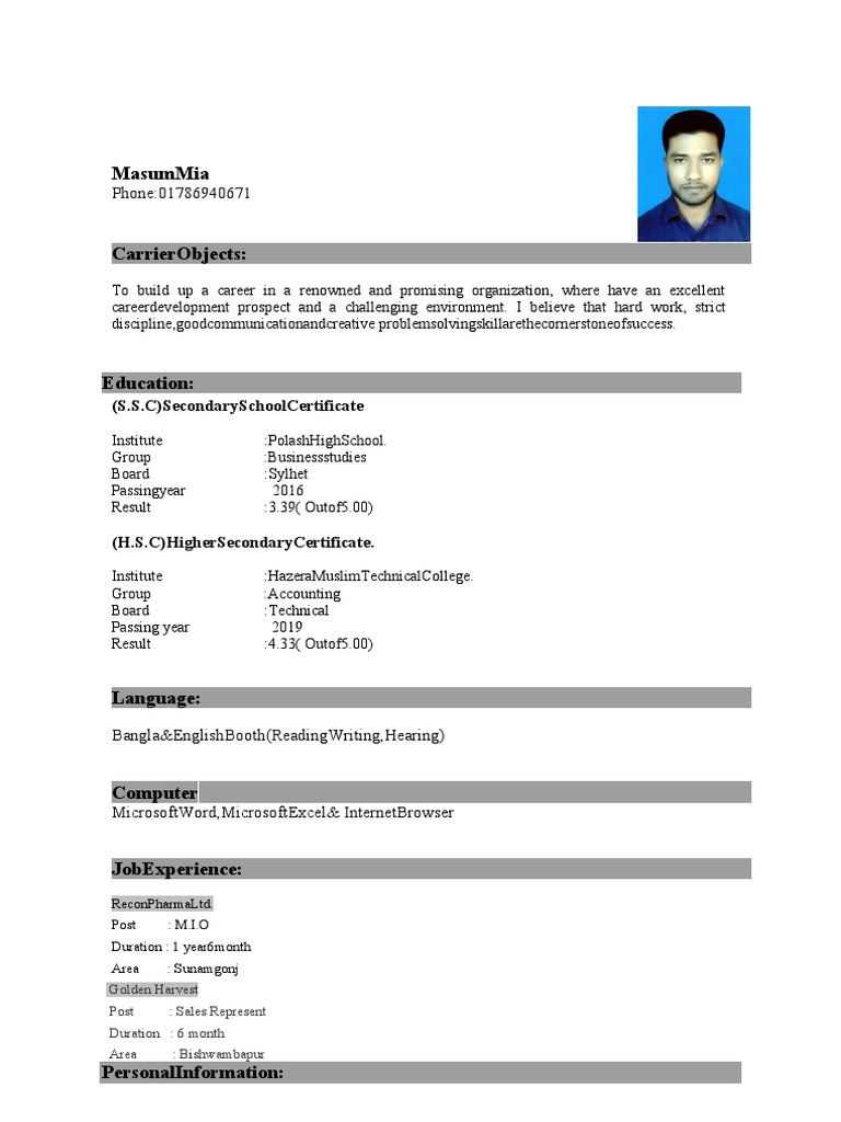 MasumMia Resume - SSC, HSC, Sales, MIO Experience | PDF