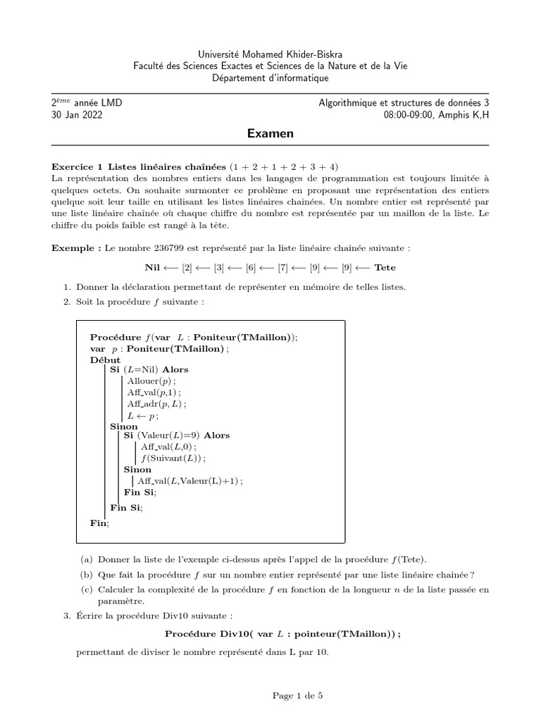 Examen d'Algorithmique et Structures de Données | PDF | Pointeur (programmation) | Informatique