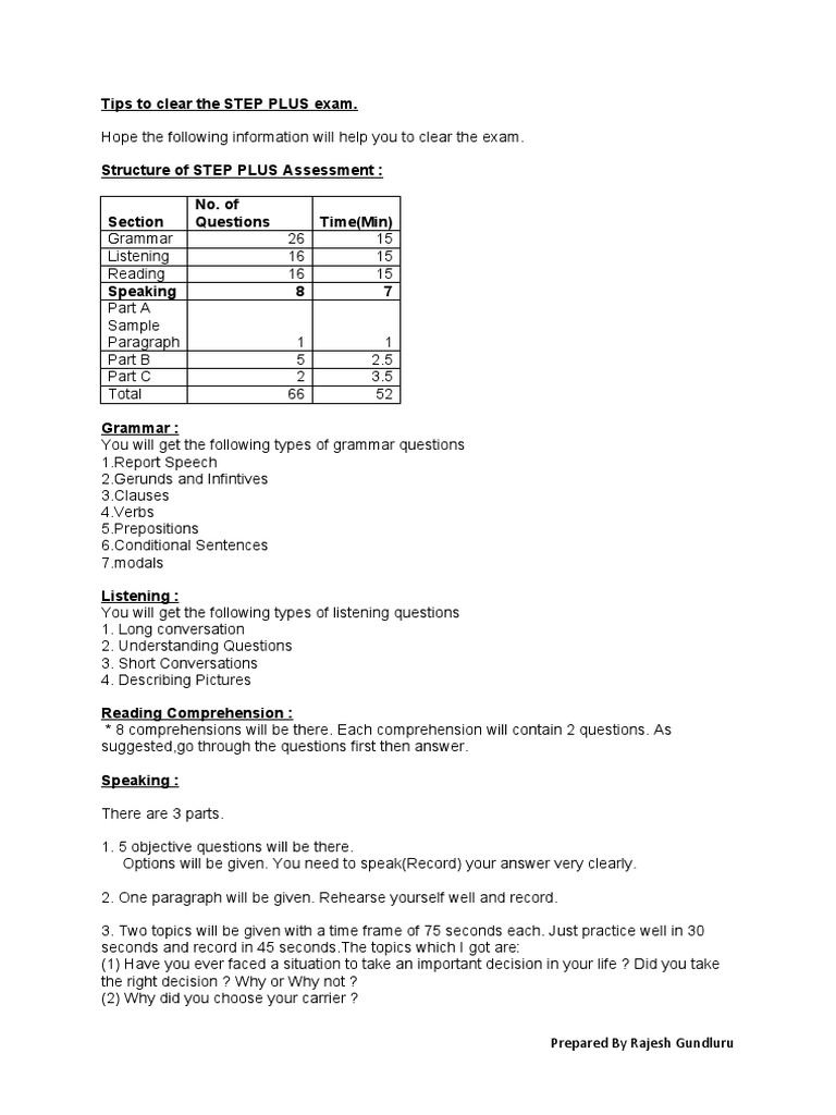 Step Plus Exam Overview | PDF | Reading Comprehension | Languages
