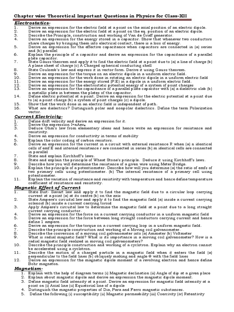 Important Physics Questions for Class 12 | PDF | Inductance | Magnetic ...