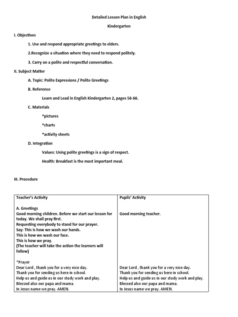 Detailed Lesson Plan in English-Kindergarten | PDF | Prayer | Lesson Plan
