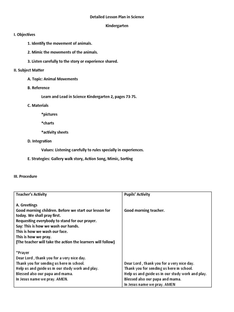 Detailed Lesson Plan in Science-Kindergarten | PDF | Prayer | Lesson Plan