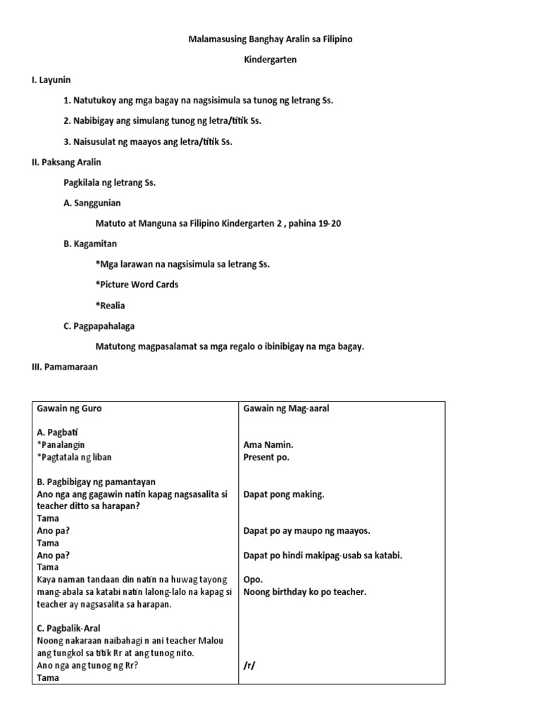 Masusing Banghay Aralin Sa Filipino-Kindergarten | PDF