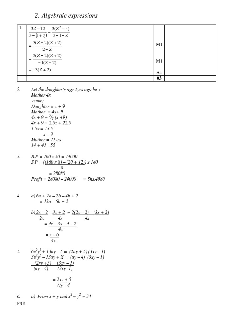 Algebraic Expressions Ans 1 | PDF | Division (Mathematics) | Notation