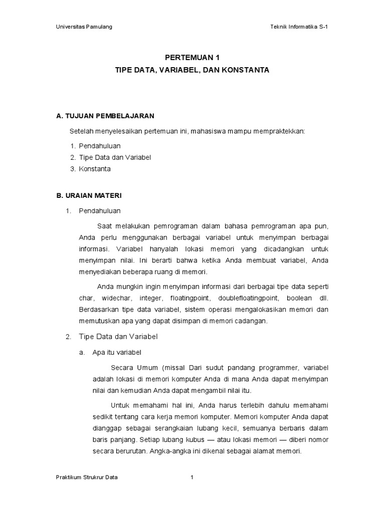 TPL0222 - 01 - Tipe Data, Variabel, Dan Konstanta | PDF | Metode & Bahan Ajar | Komputer