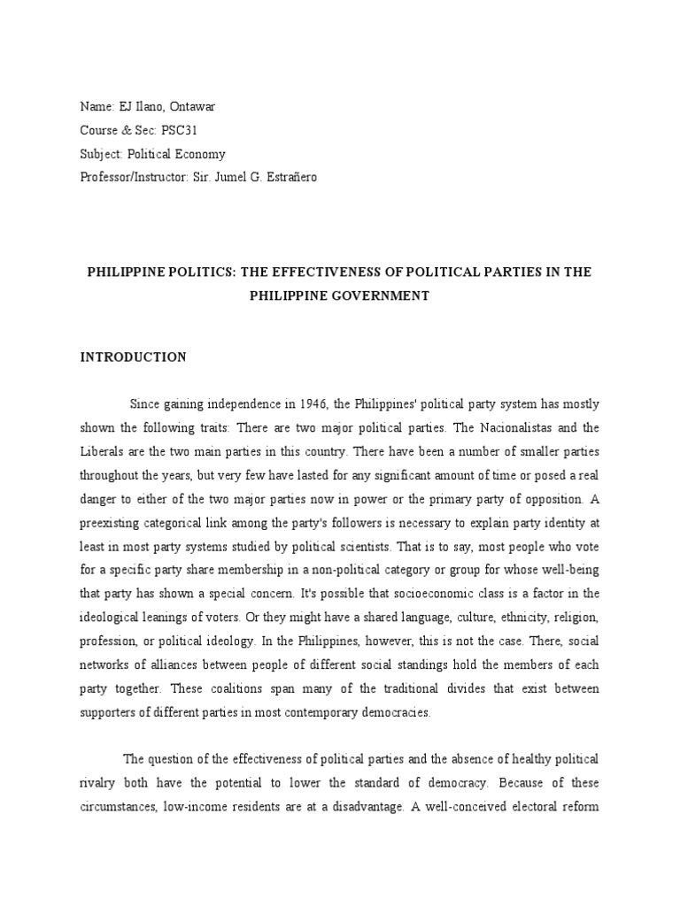 Philippine Politics: The Effectiveness of Political Parties in The ...