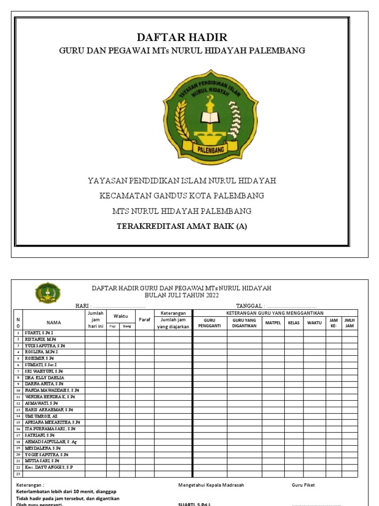 Daftar Hadir Guru Dan Pegawai | PDF