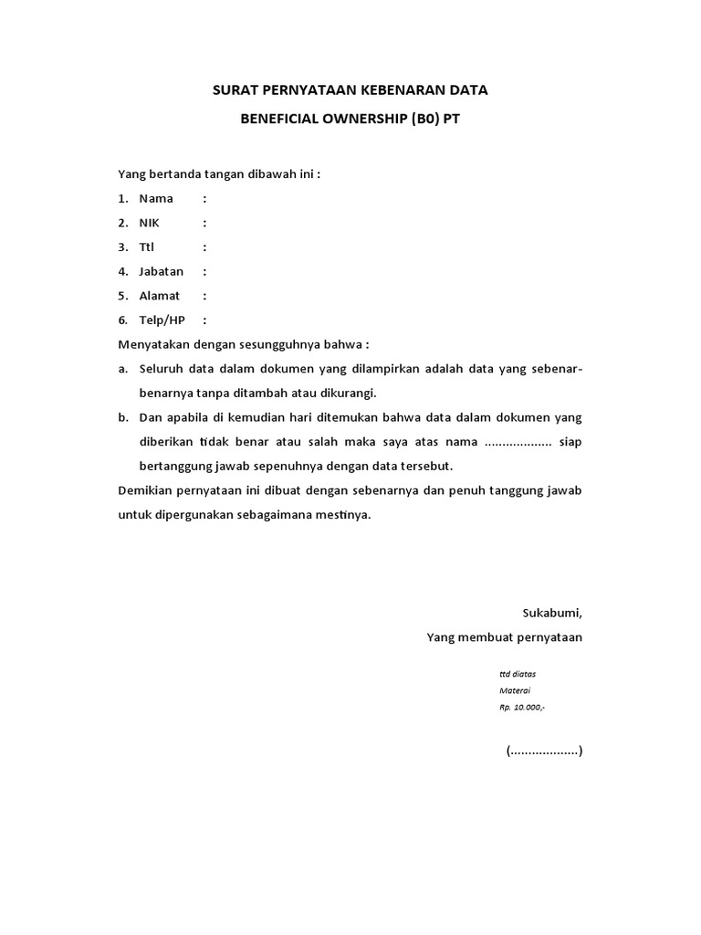 FORMAT Surat Pernyataan Kebenaran Data Beneficial Owner | PDF