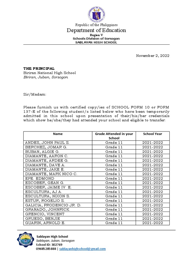 Sf10 Request | PDF | Government | Public Administration