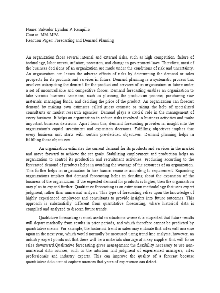Reaction Paper Forecasting and Demand Planning | PDF | Forecasting ... Reaction Paper Forecasting and Demand Planning | PDF | Forecasting ...