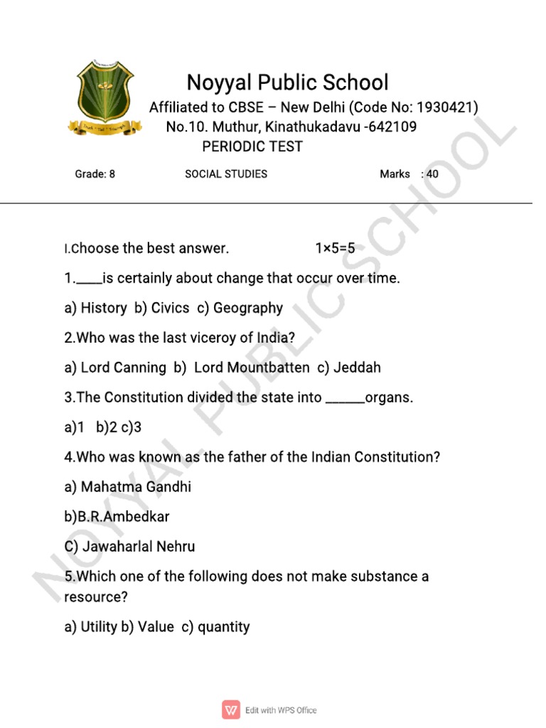Grade 8 Periodic Test SST | PDF