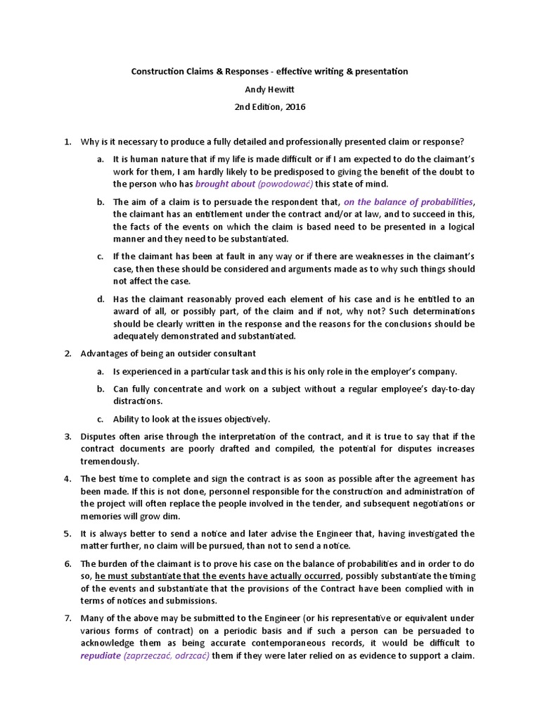 Construction Claims & Responses - Notes | PDF | Burden Of Proof (Law ...