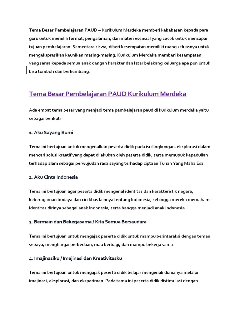 Tema Besar Pembelajaran PAUD Kurikulum Merdeka | PDF