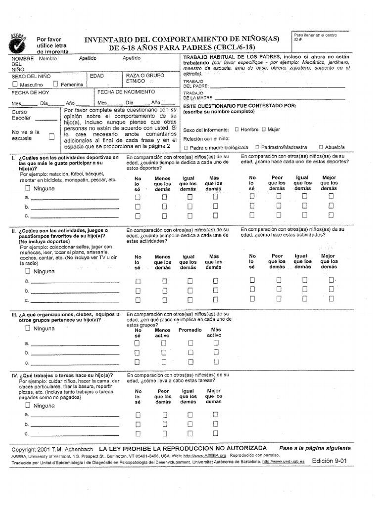 CBCL Padres. Ejemplo Hoja de Respuestas | PDF